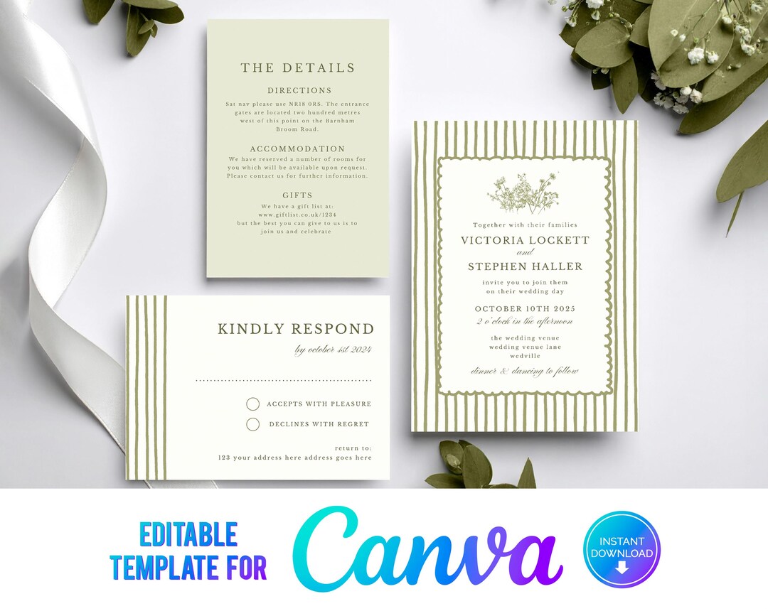 Canva Green Stripes Wedding Invitation, Green Wedding Invite ...