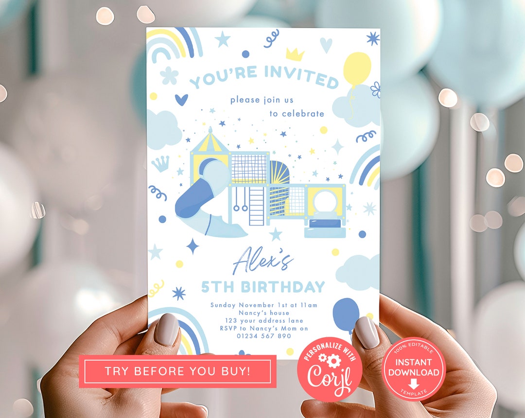 Soft Play Birthday Party Invitation, Blue Birthday Party Invite, Indoor ...