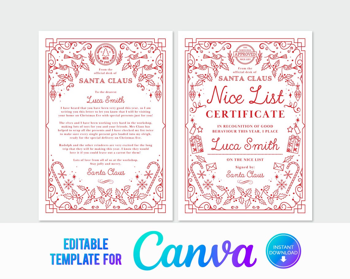 Canva, Santa Letter and Nice List Certificate, Personalised Letter From ...