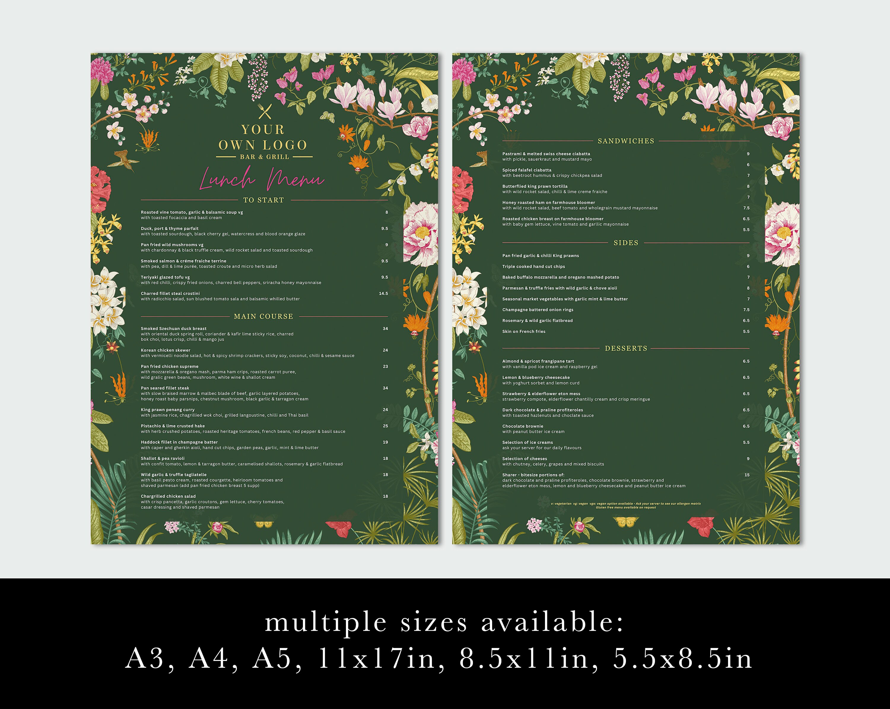 Restaurant Menu Design, Greenery Menu, Foliage, Floral Restaurant Menu ...