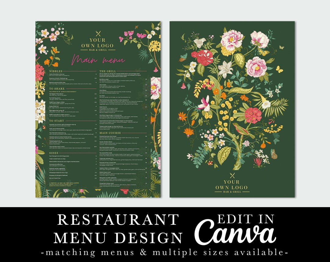 Restaurant Menu Design, Greenery Menu, Foliage, Floral Restaurant Menu ...
