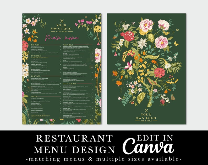 Restaurant Menu Design, Greenery Menu, Foliage, Floral Restaurant Menu ...