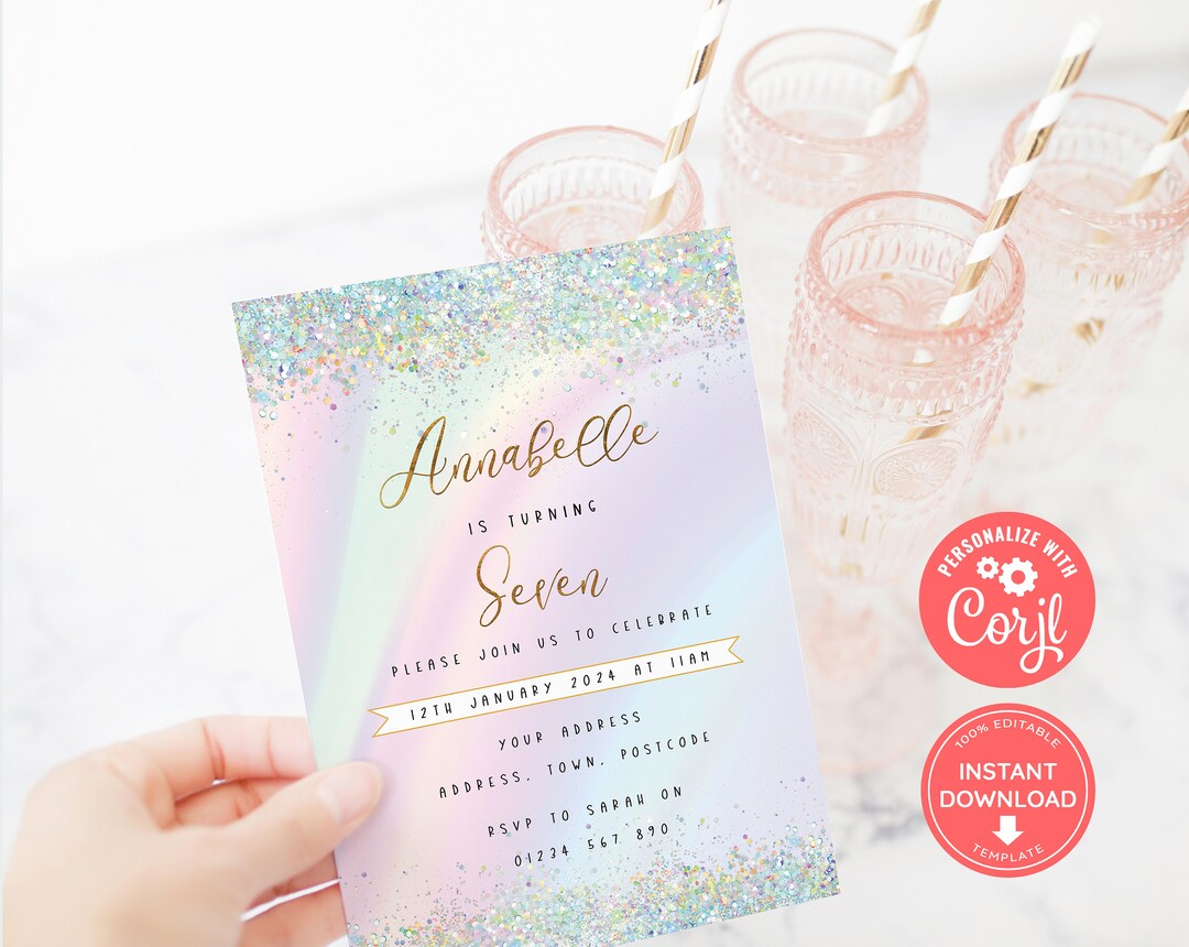 Editable Holographic Glitter Party Invite, Pastel, Rainbow Glitter ...