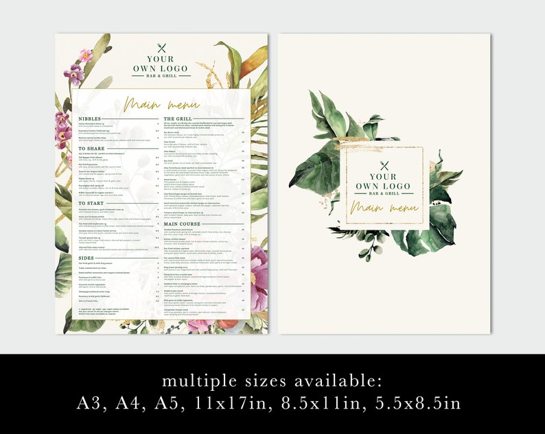 Restaurant Menu Design, Greenery Menu, Foliage, Floral Restaurant Menu ...