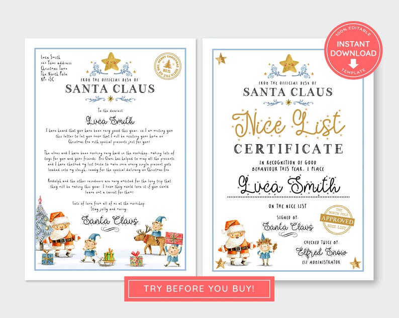 Instant Download Editable Santa Letter and Nice List - Etsy