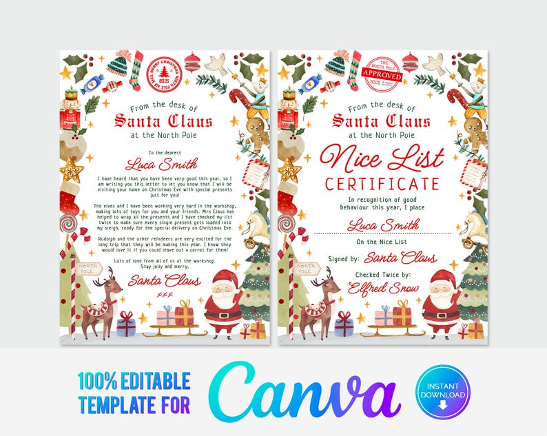Canva, Santa Letter and Nice List Certificate, Personalised Letter From ...