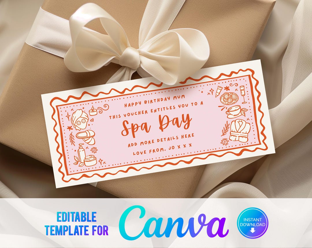Canva Editable Spa Day Voucher, Print at Home Ticket, Digital Gift Certificate, Spa Gift Card ...