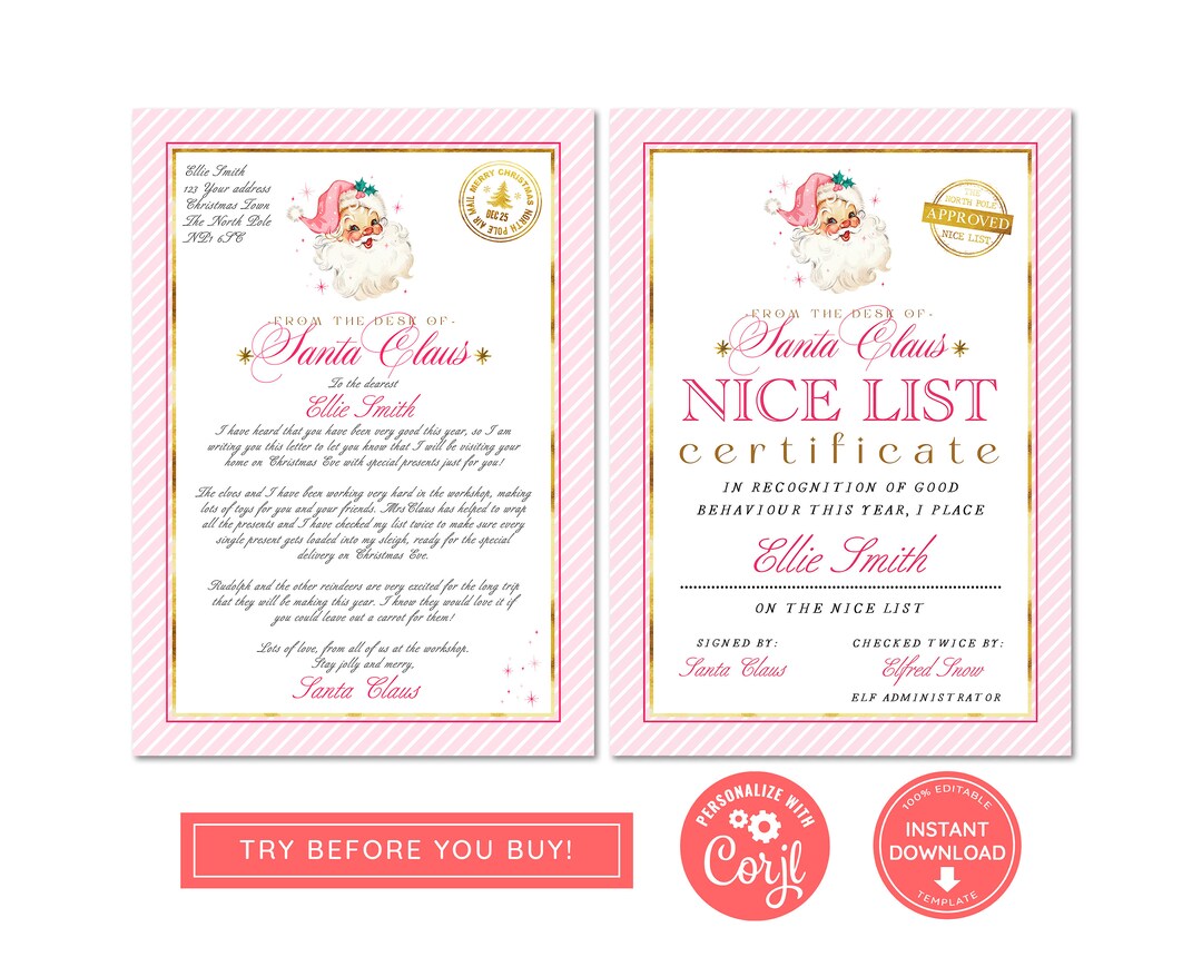 Instant Download Editable Pink Santa Letter and Nice List Certificate ...