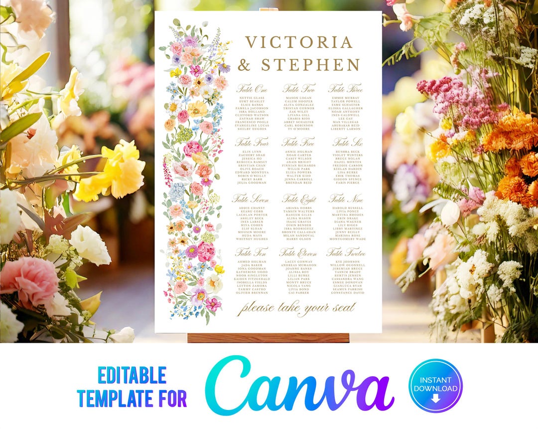 Canva Colourful Floral Wedding Seating Chart, Floral Table Plan, Bright ...