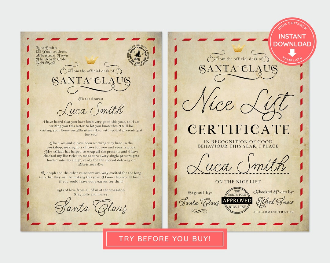 Instant Download Editable Santa Letter and Nice List - Etsy