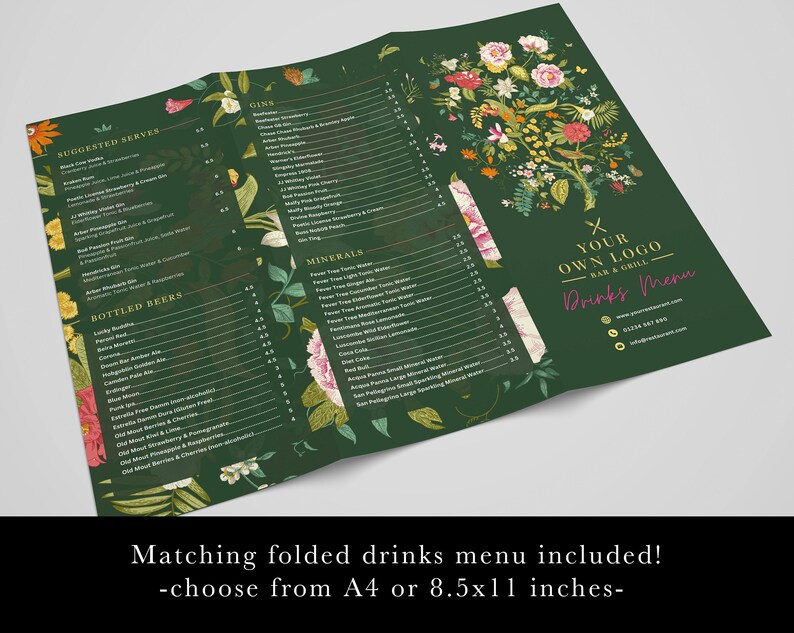 Restaurant Menu Design, Greenery Menu, Foliage, Floral Restaurant Menu ...
