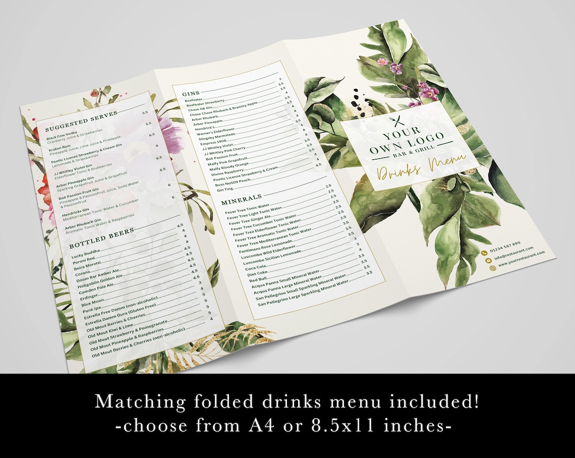 Restaurant Menu Design, Greenery Menu, Foliage, Floral Restaurant Menu ...