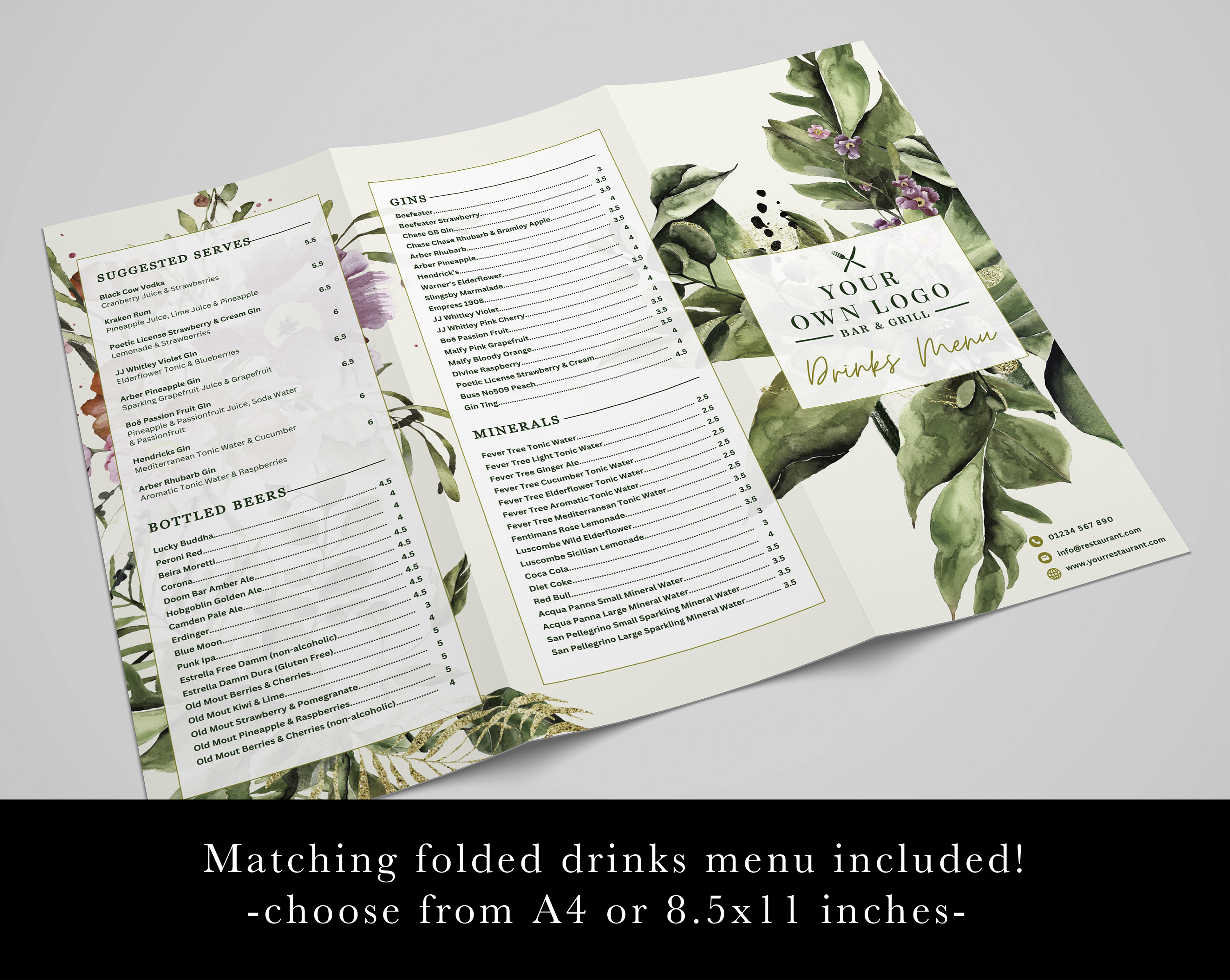 Restaurant Menu Design, Greenery Menu, Foliage, Floral Restaurant Menu ...