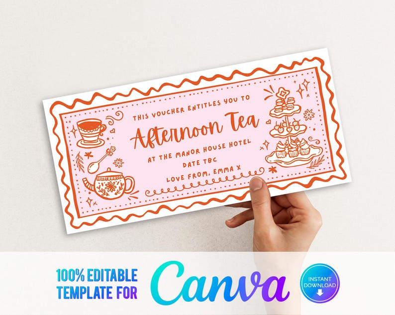Canva Editable Afternoon Tea Voucher, Print at Home Ticket, Digital ...