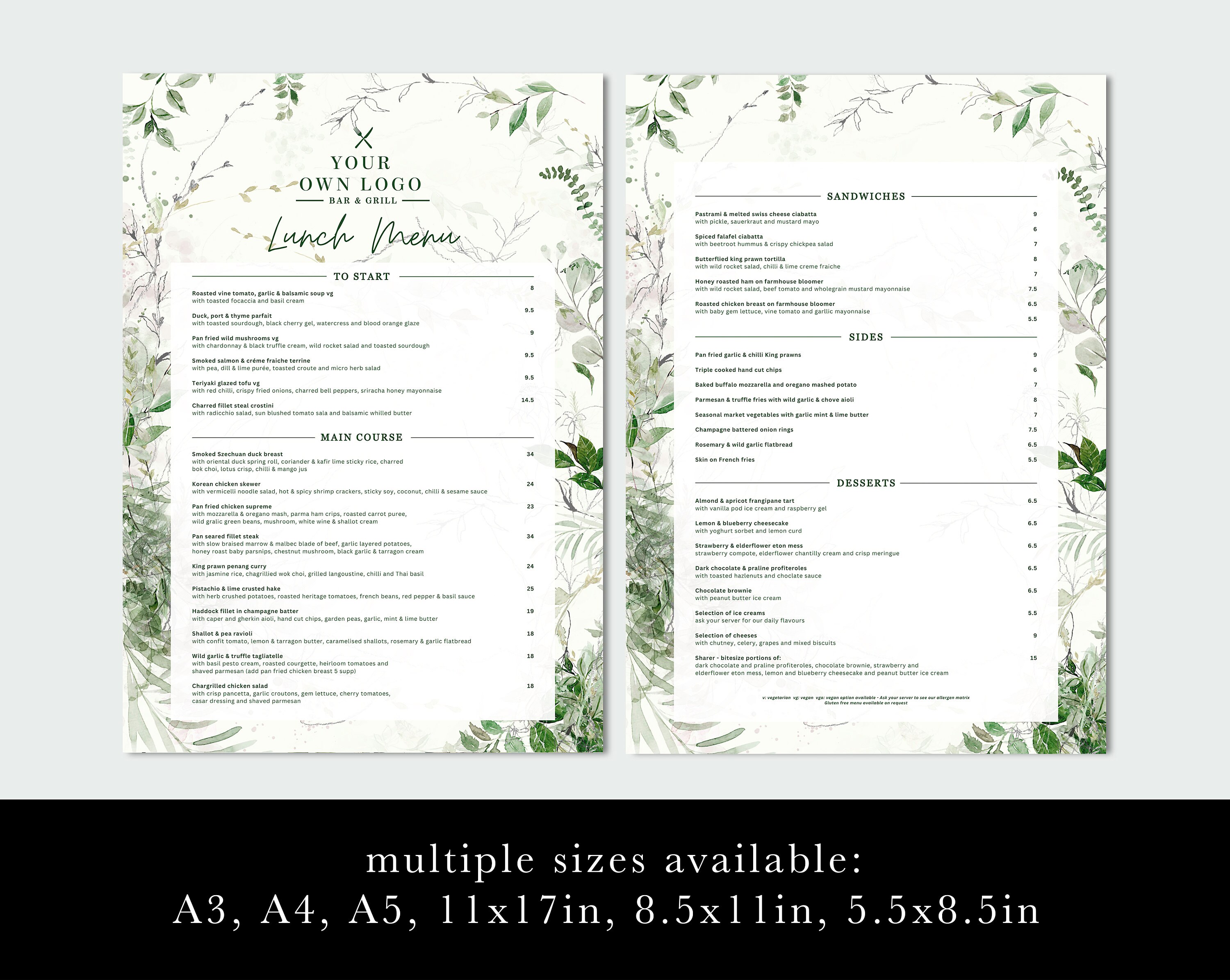 Restaurant Menu Design, Greenery Menu, Foliage, Floral Restaurant Menu ...