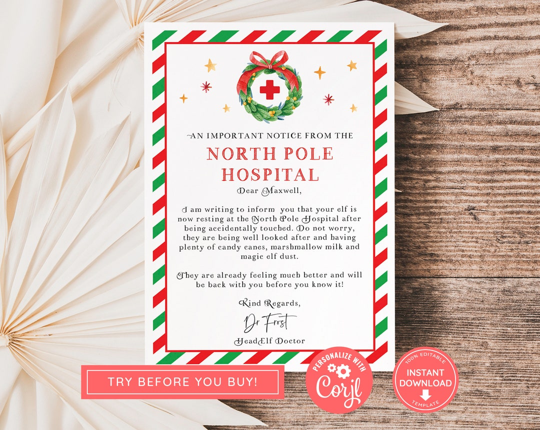 Elf Hospital Note, Editable Elf, Christmas Elf I'm Sick, Doctors Note ...