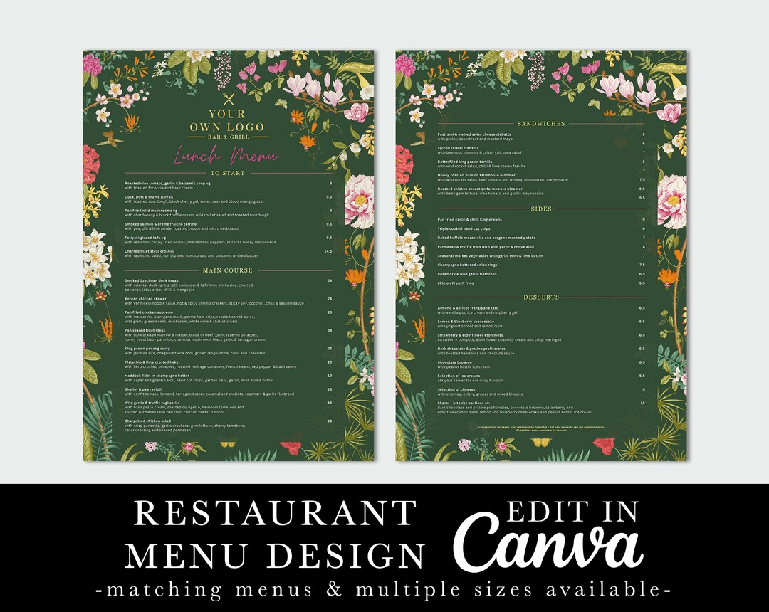 Restaurant Menu Design, Greenery Menu, Foliage, Floral Restaurant Menu ...