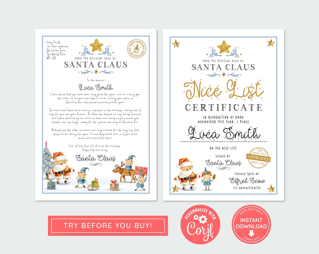 Instant Download Editable Santa Letter and Nice List Certificate ...