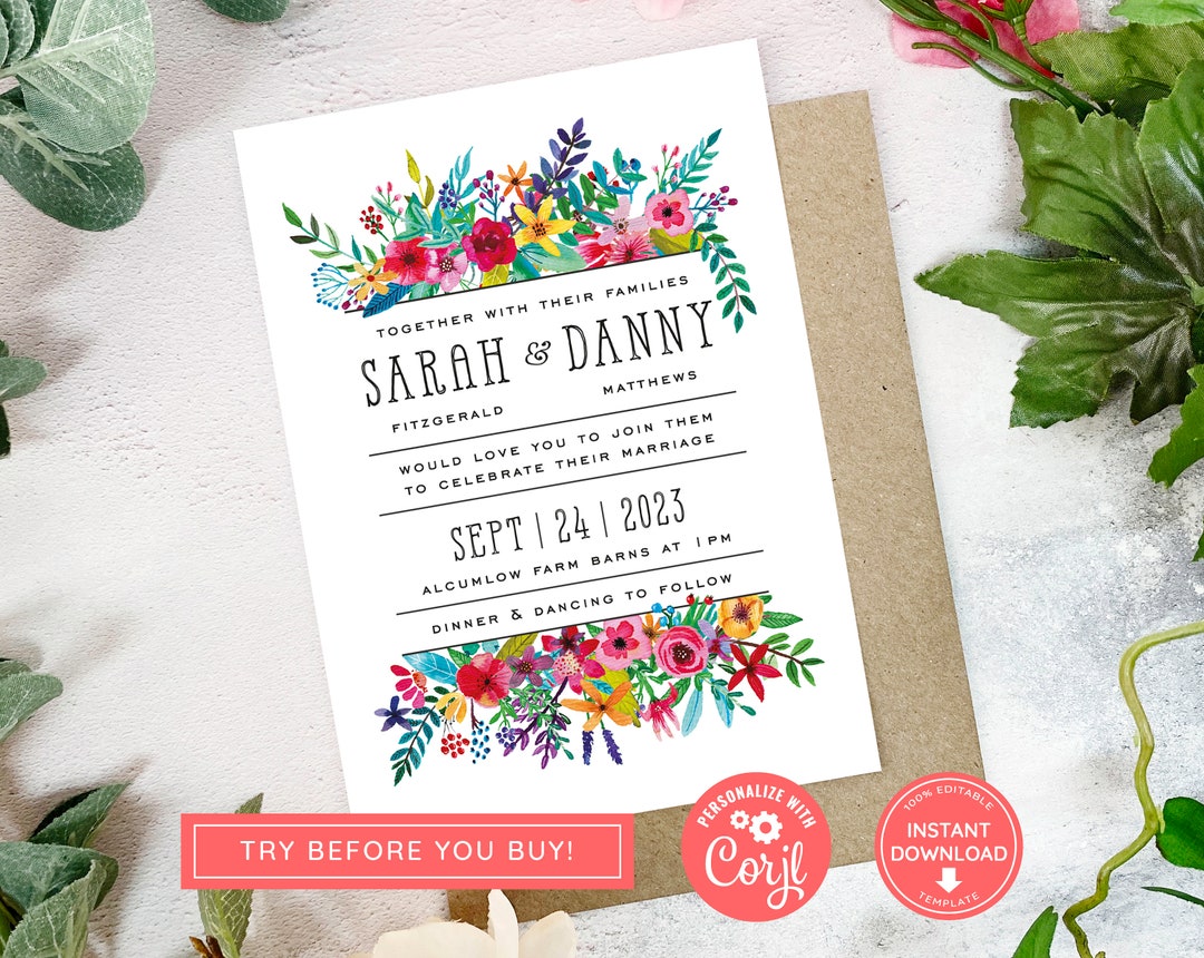 Colourful Flowers Editable Wedding Invitation Set, Instant Download ...