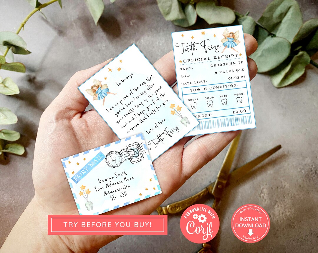 Printable Mini Tooth Fairy Set Blue With Envelope, Receipt and Fairy ...