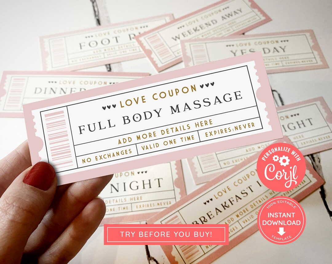 Editable Printable Love Coupons, Small Valentines Vouchers, Pink Love ...