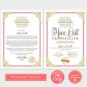Instant Download Editable Santa Letter and Nice List Certificate ...
