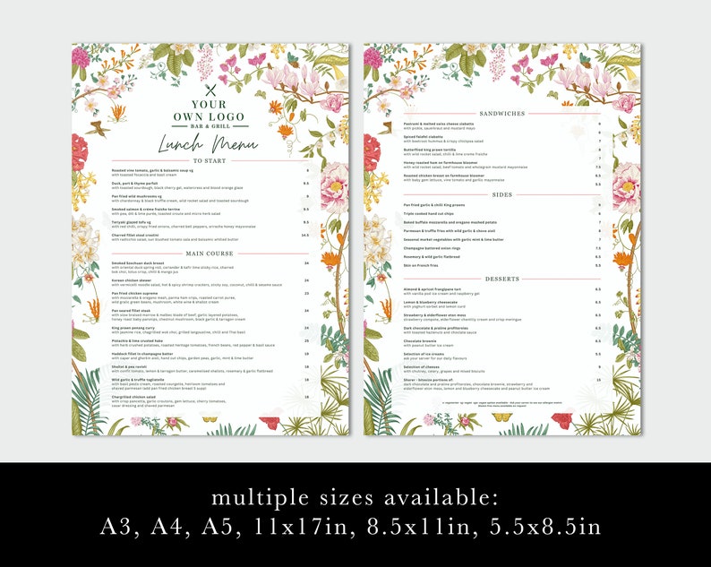 Restaurant Menu Design, Colourful Flowers Menu, Foliage, Floral Menu ...