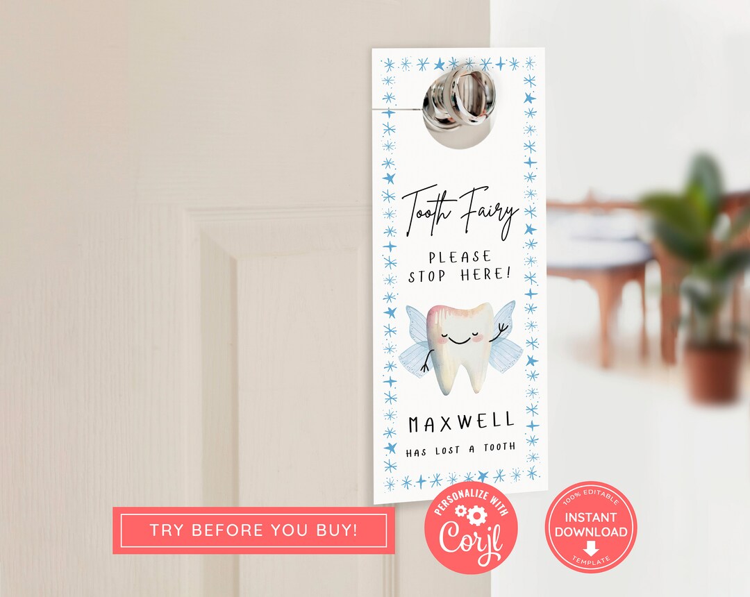 Tooth Fairy Door Hanger, Blue Tooth Fairy, Please Stop Here, Blue Fairy ...