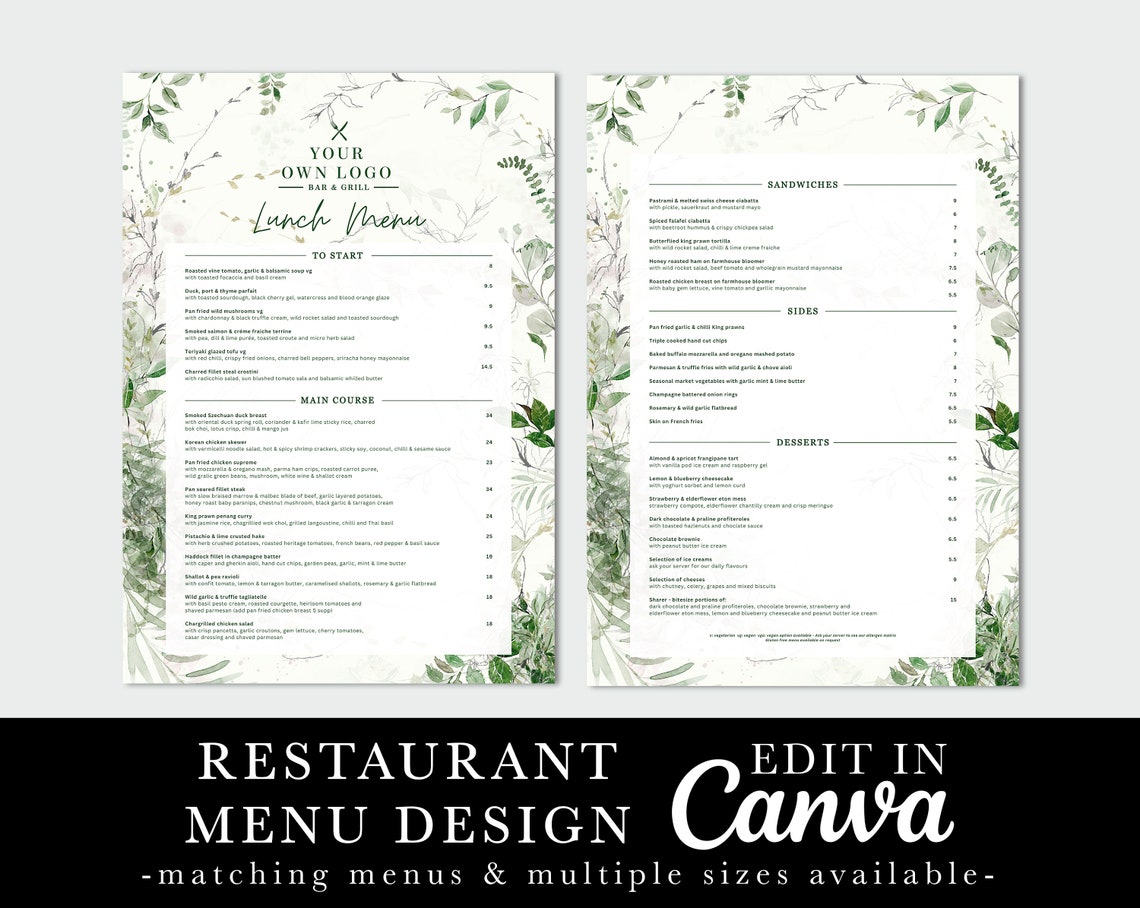 Restaurant Menu Design, Greenery Menu, Foliage, Floral Restaurant Menu ...