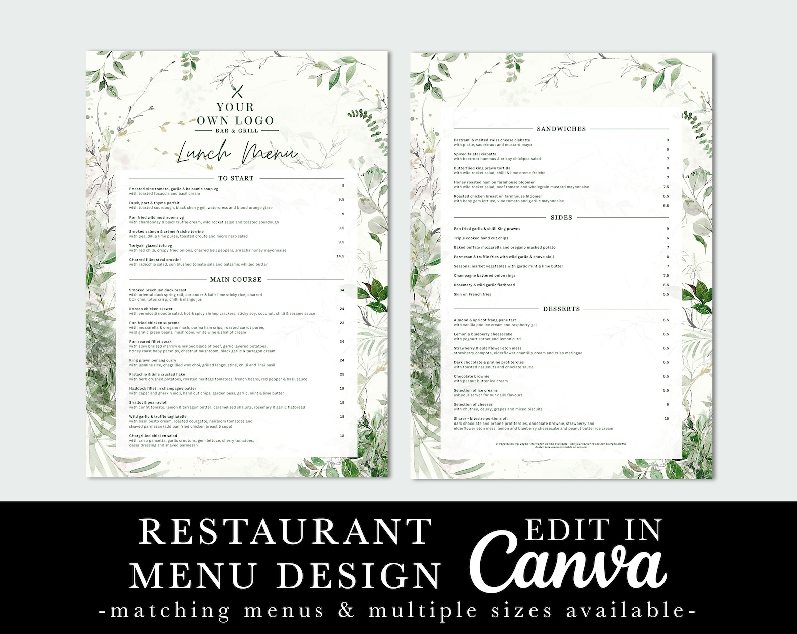 Restaurant Menu Design, Greenery Menu, Foliage, Floral Restaurant Menu ...