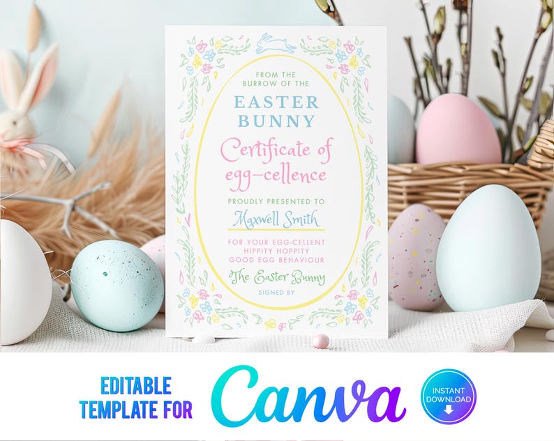 Canva Editable Easter Bunny Certificate, Personalised Good Egg ...