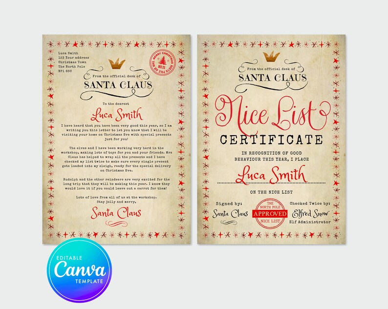 Instant Download Editable Santa Letter and Nice List Certificate ...