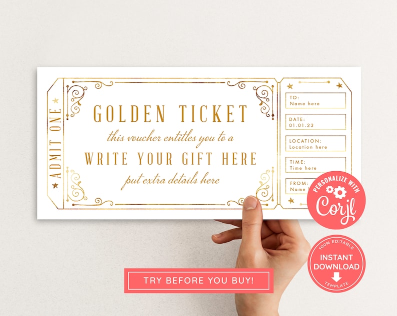 Editable Event Golden Ticket, Print at Home Birthday Voucher, Digital ...
