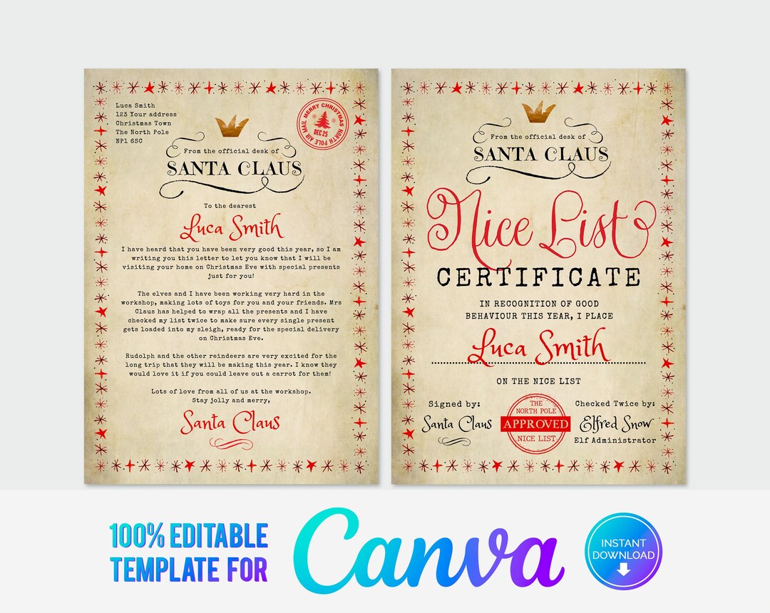 Instant Download Editable Santa Letter and Nice List Certificate ...