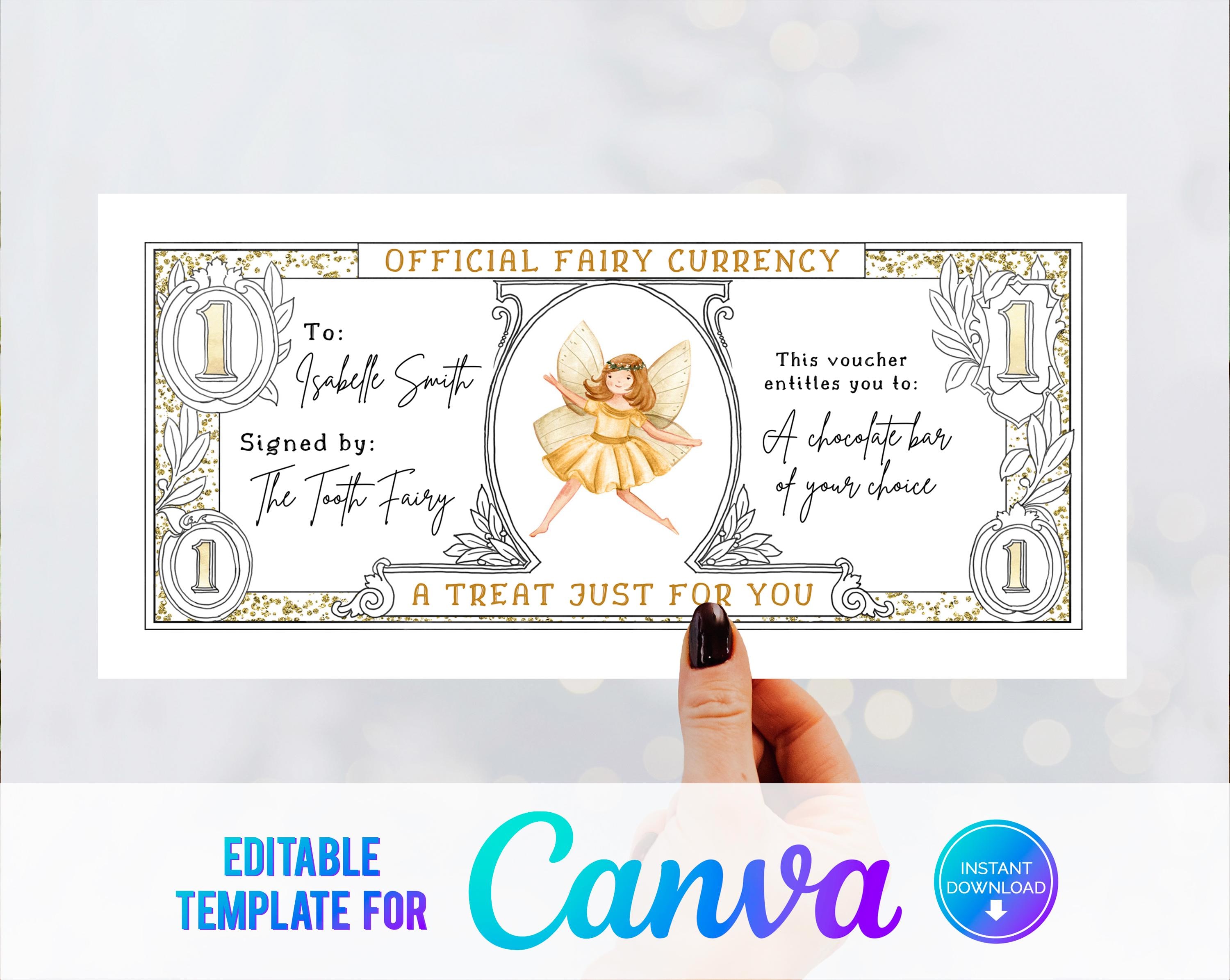 Canva Tooth Fairy Printable Voucher, Tooth Fairy Currency, Money From ...