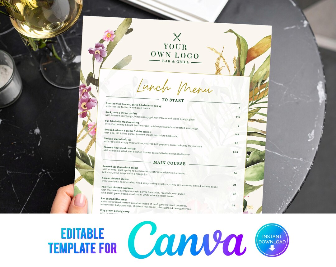 Restaurant Menu Design, Greenery Menu, Foliage, Floral Restaurant Menu ...