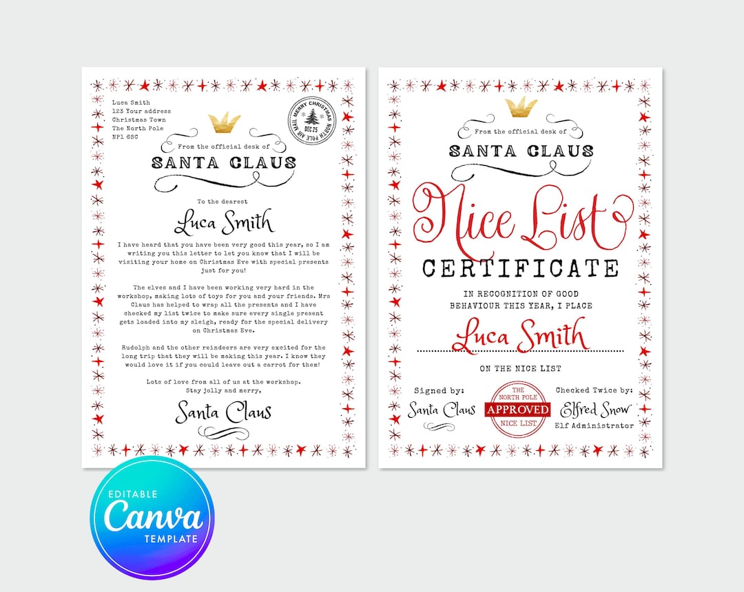 Instant Download Editable Santa Letter and Nice List Certificate ...