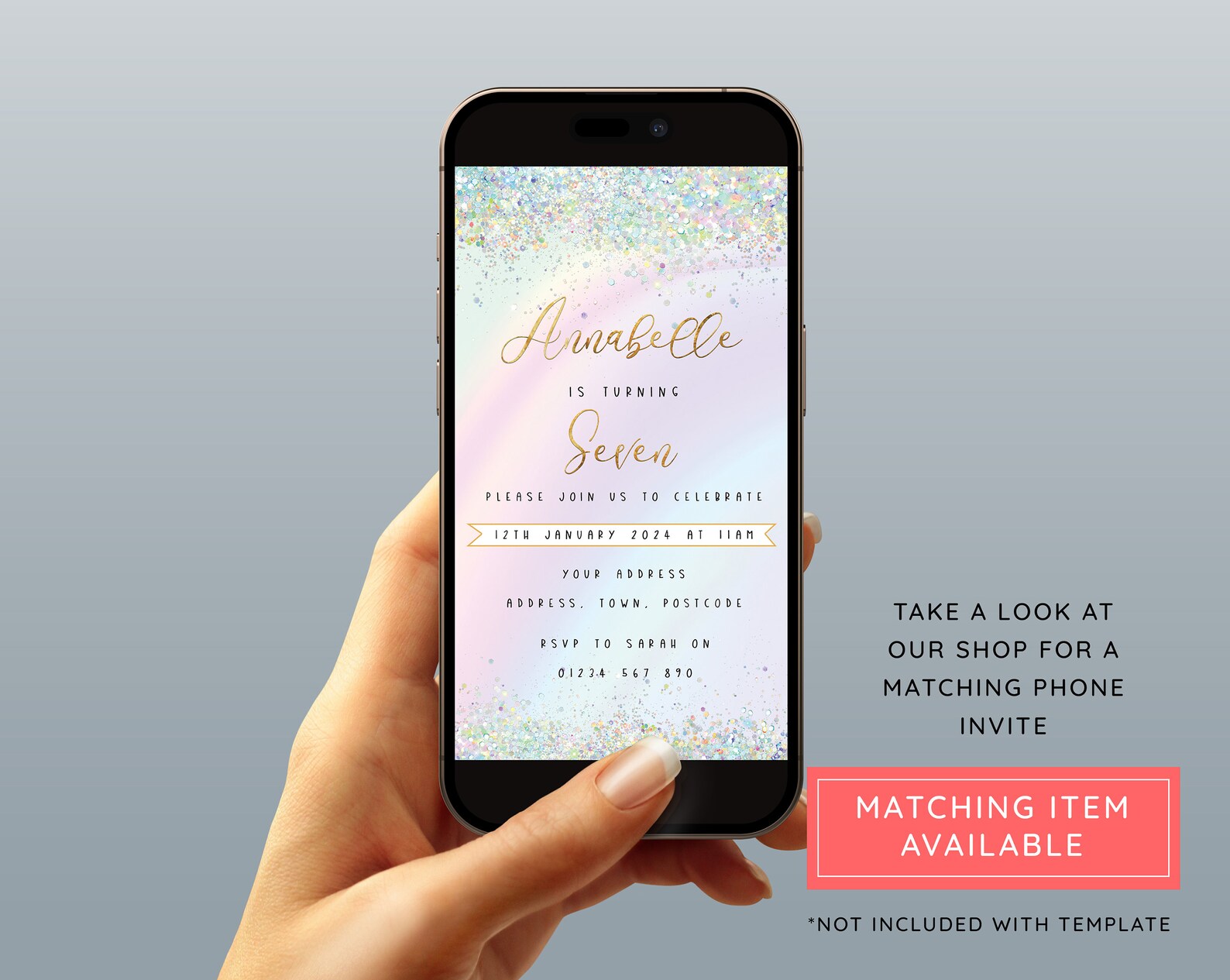 Any Age Holographic Glitter Invitation Ticket, Rainbow Sparkle Invite ...