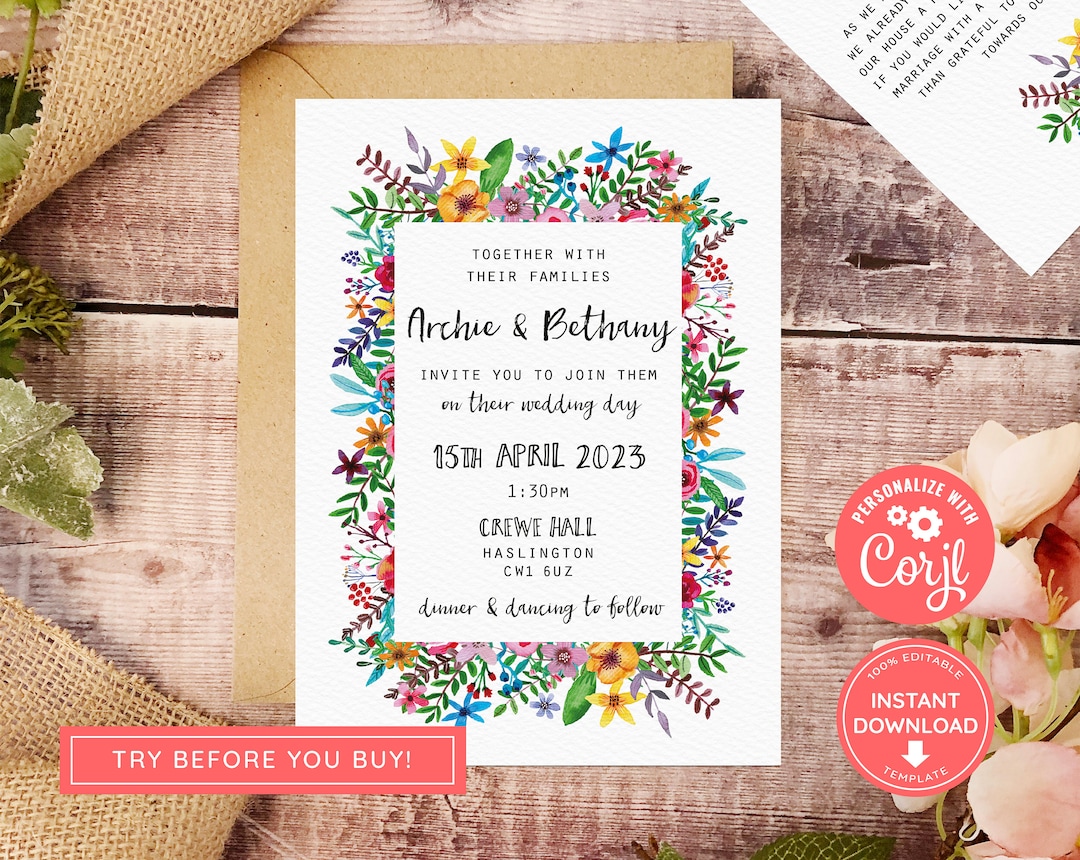 Colourful Flowers Editable Wedding Invitation Set, Instant Download ...