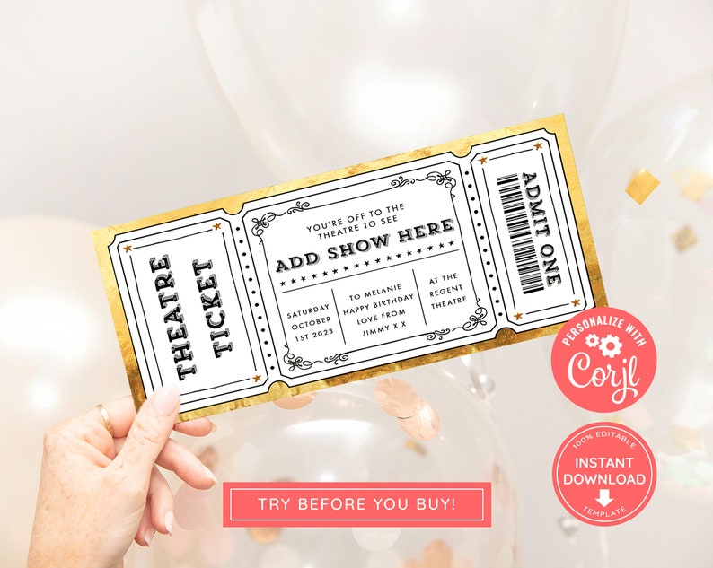Editable Theatre Ticket, Print at Home Birthday Voucher, Digital Gift ...