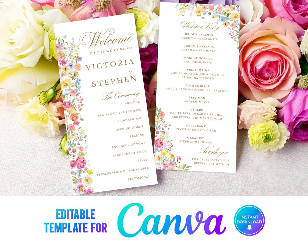 Canva Colourful Flowers Wedding Program, Floral Wedding, Bright Flowers ...
