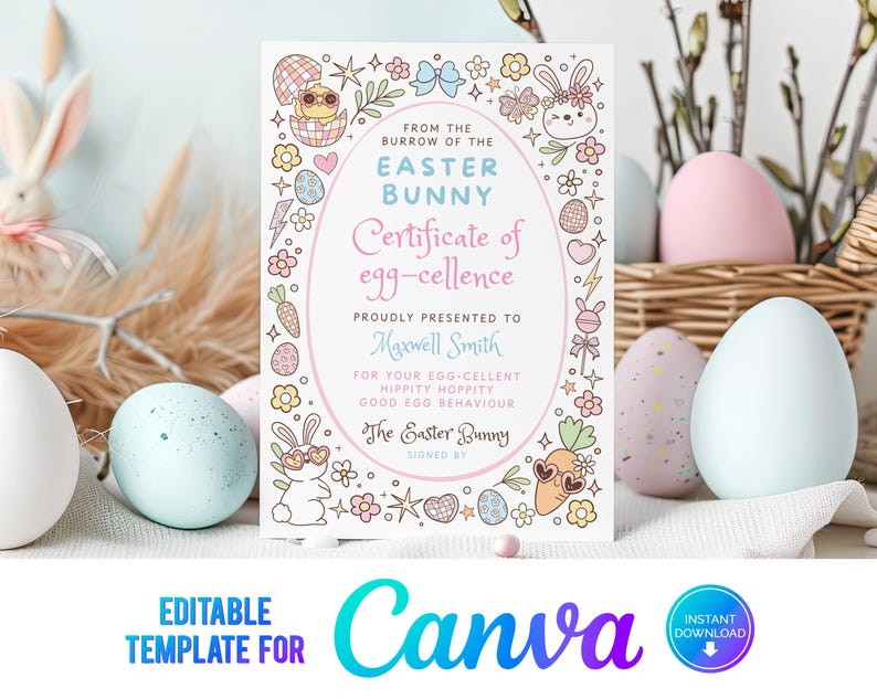 Canva Editable Easter Bunny Certificate, Personalised Good Egg ...