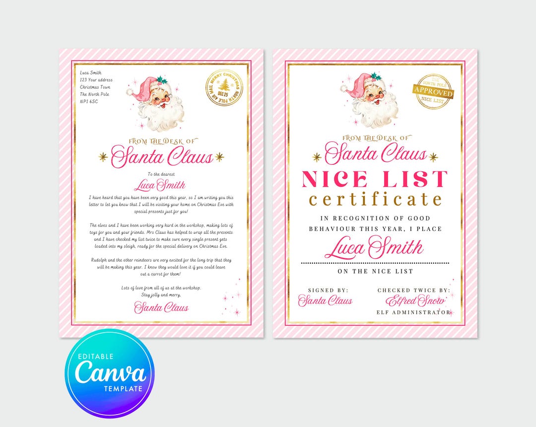 Instant Download Editable Pink Santa Letter and Nice List Certificate ...