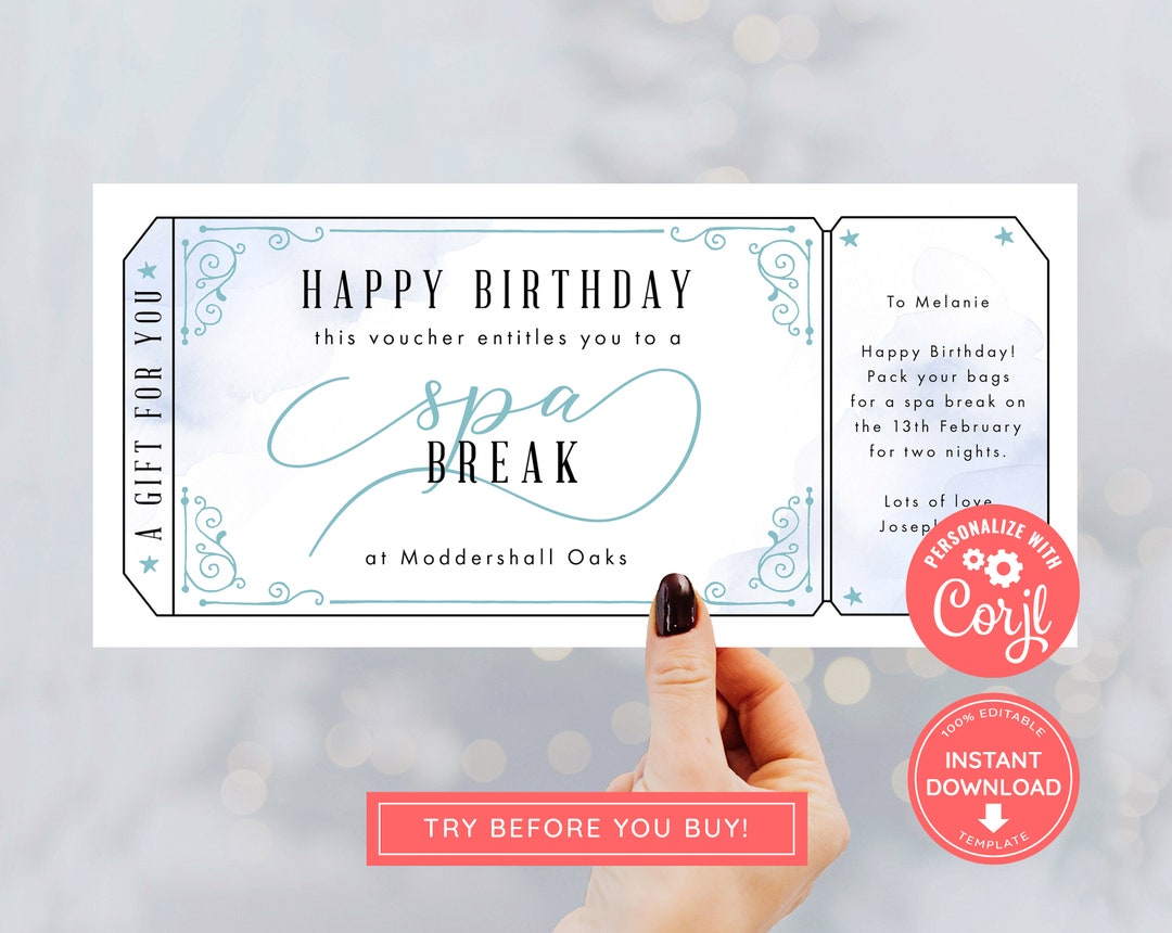 Editable Spa Voucher Ticket, Print at Home Birthday Voucher, Digital ...