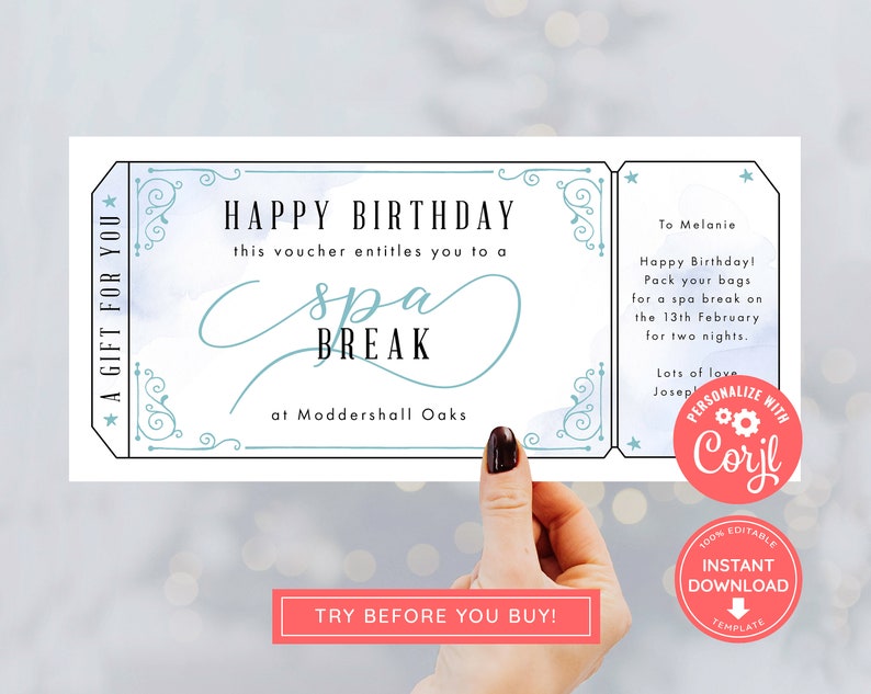 Editable Spa Voucher Ticket, Print at Home Birthday Voucher, Digital ...