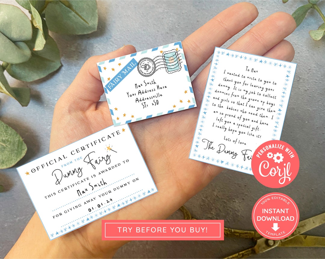 Printable Mini Dummy Fairy Set Blue With Envelope, Certificate and ...