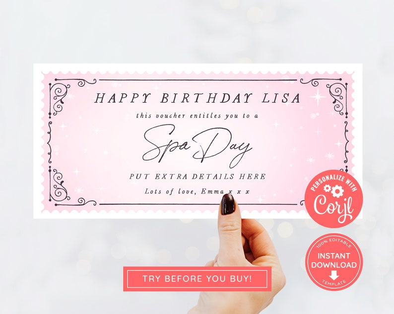 Editable Spa Voucher Ticket, Print at Home Birthday Voucher, Digital ...