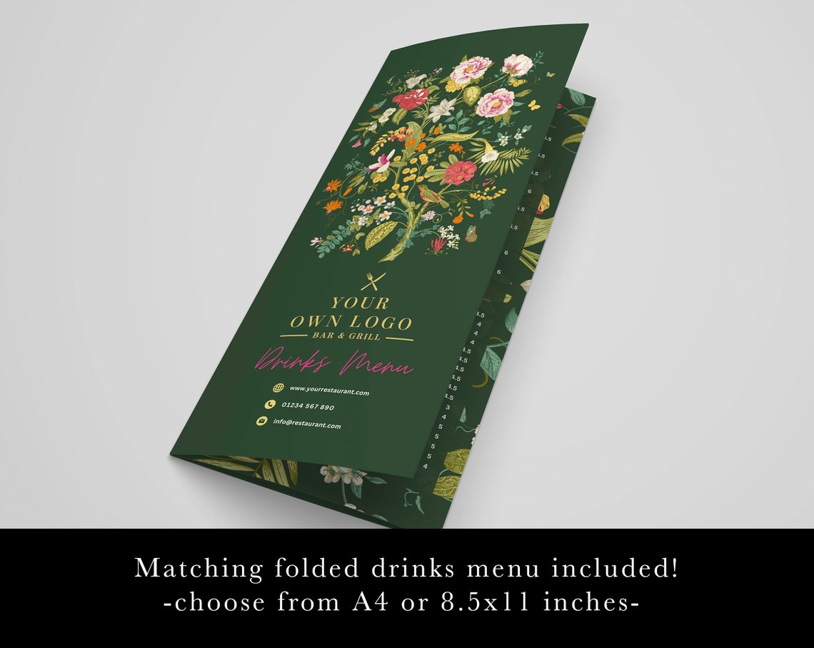Restaurant Menu Design, Greenery Menu, Foliage, Floral Restaurant Menu ...