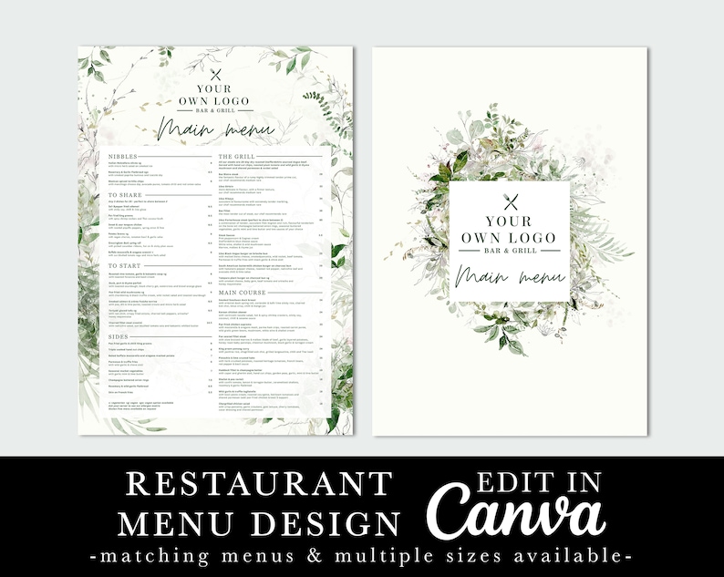 Restaurant Menu Design, Greenery Menu, Foliage, Floral Restaurant Menu ...