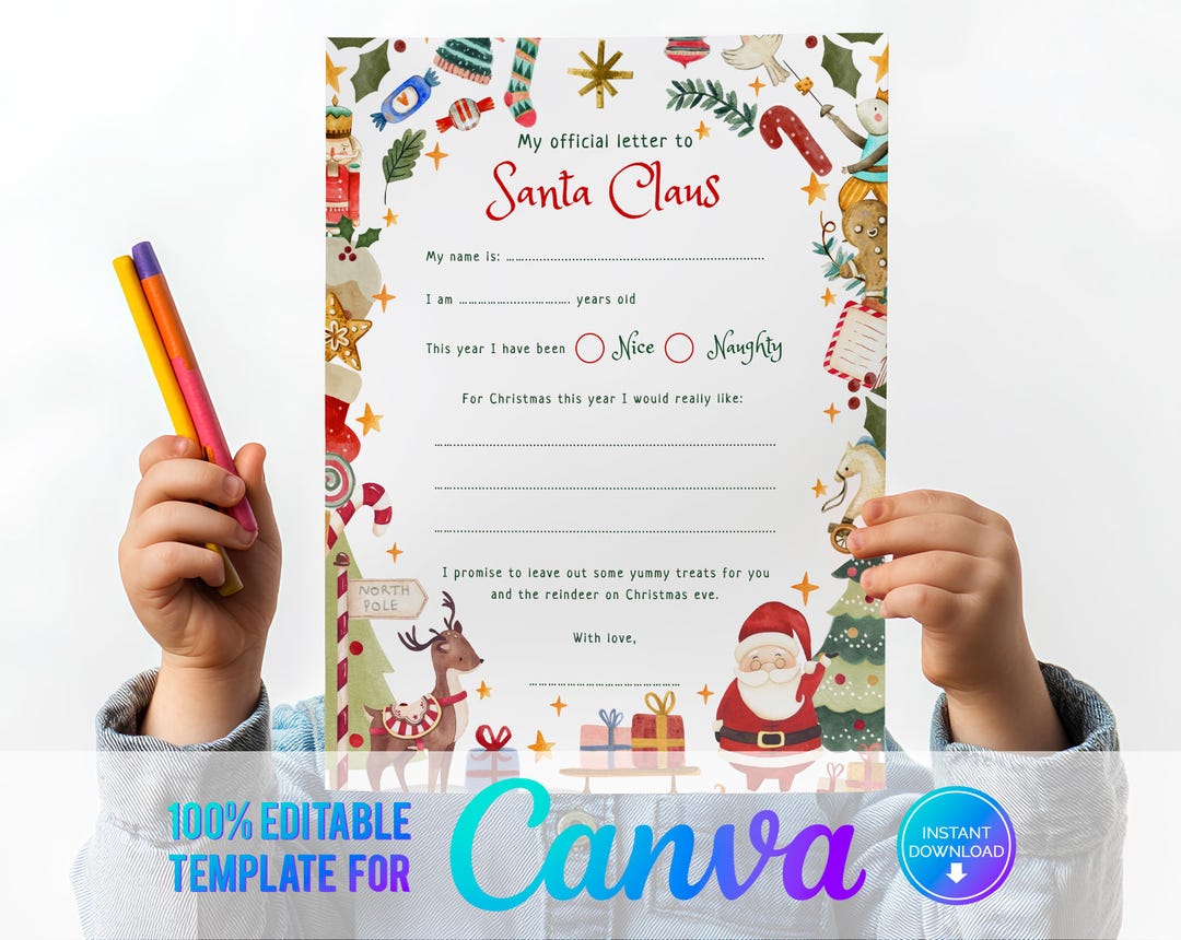 Canva Editable Letter to Santa Claus, Printable Santa Letter, Printable ...